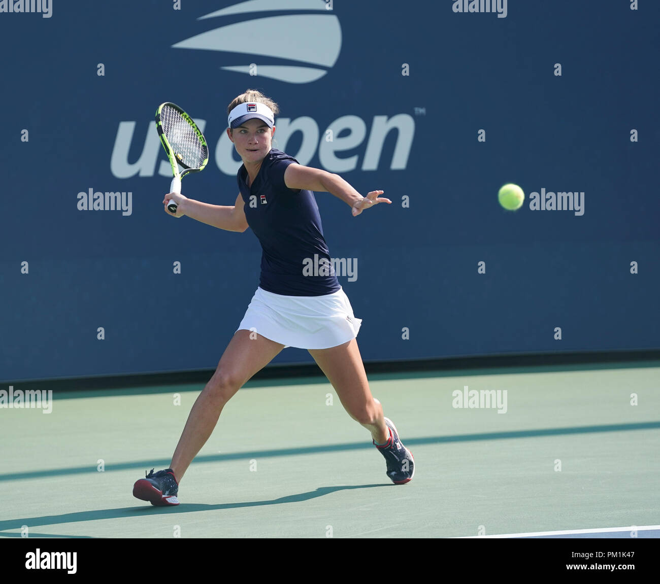 New York, NY - September 6, 2018: Elizabeth Mandlik of USA returns ball ...