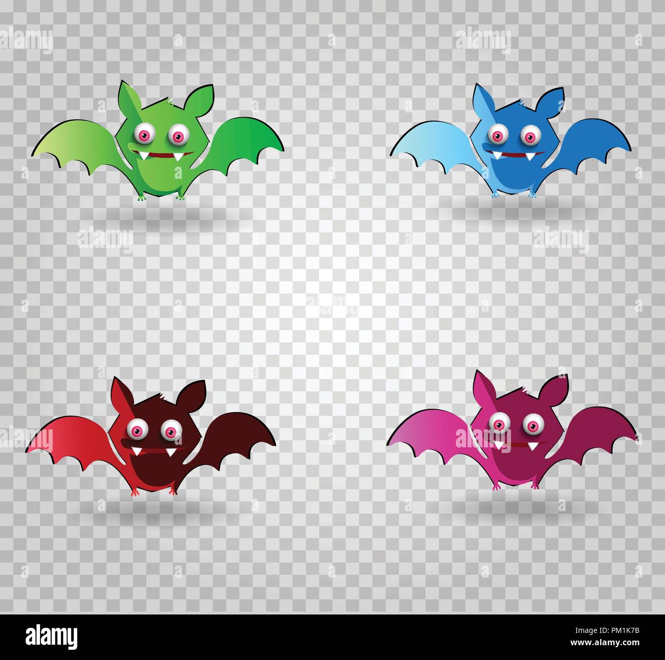 Vector set of cute funny multi colored smiling bats. Green, blue ...