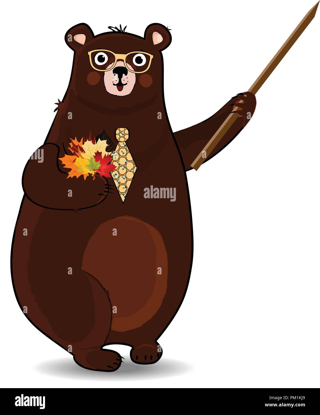 Cute cartoon bear teacher in glasses and tie holding pointer and autumn ...