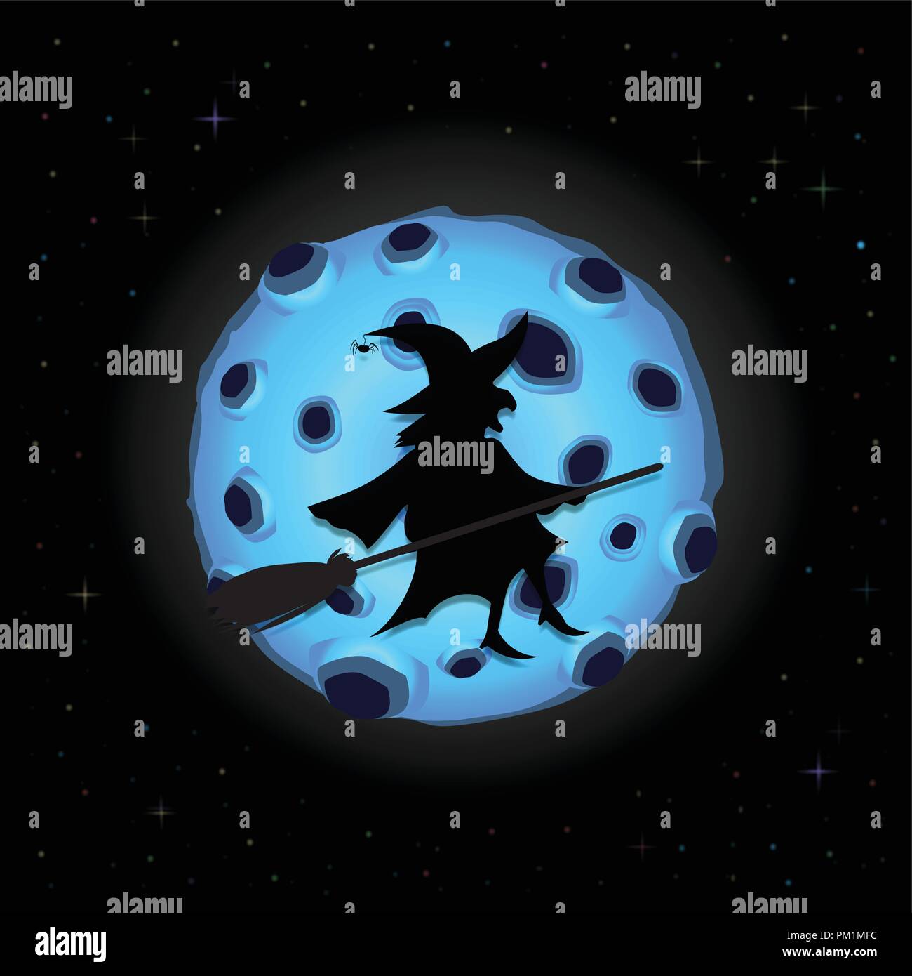 Black silhouette of old spooky witch on broom flying on night sky ...