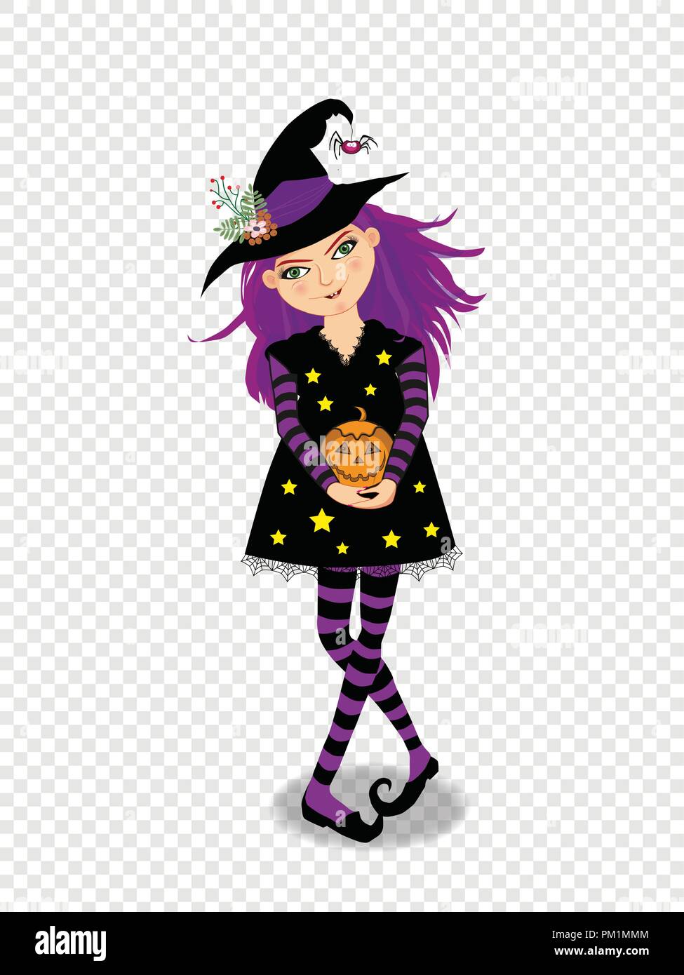Halloween vector illustration of witch girl with purple hair in hat and ...