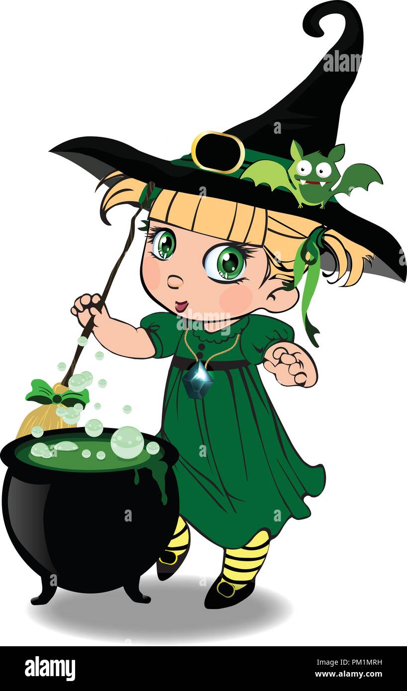 Vector cartoon illustration of little blonde baby witch girl in green ...