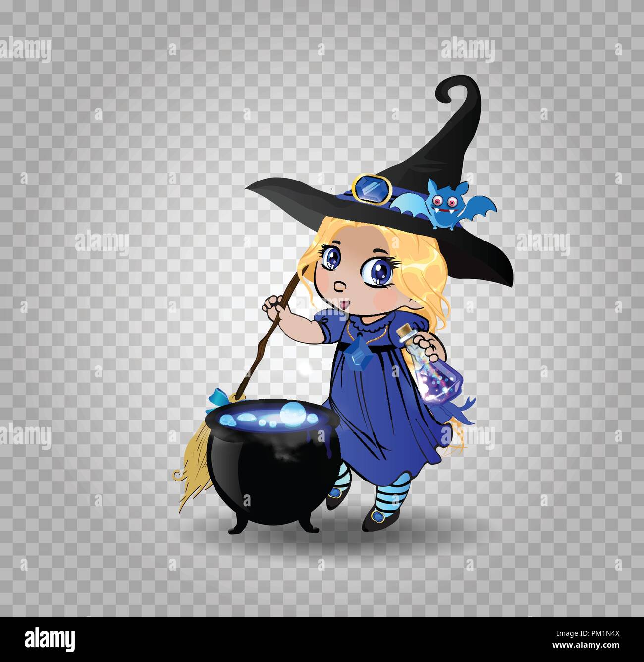 Vector cartoon illustration of little baby witch girl in blue dress and ...