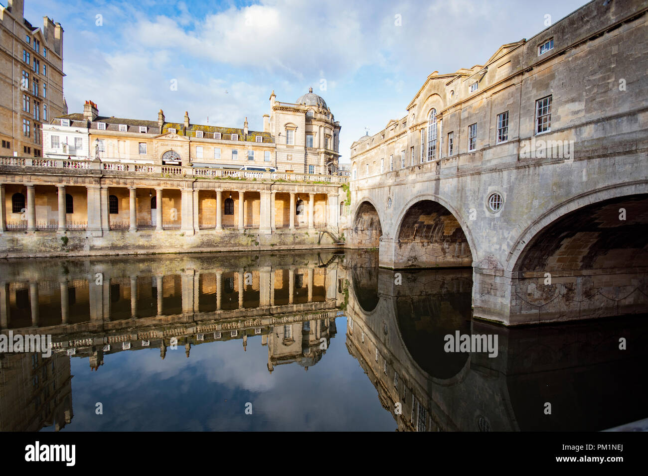 Views of Pultney Bridge in Bath, on a beautiful day with clear ...