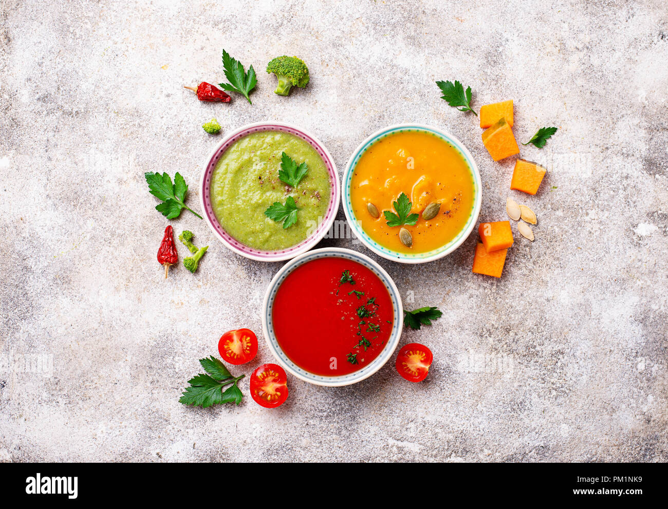 Set of different vegetable cream soups Stock Photo - Alamy