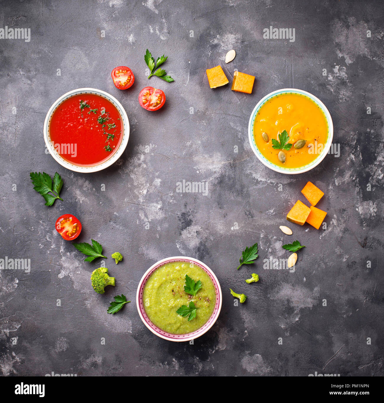 Set of different vegetable cream soups Stock Photo - Alamy