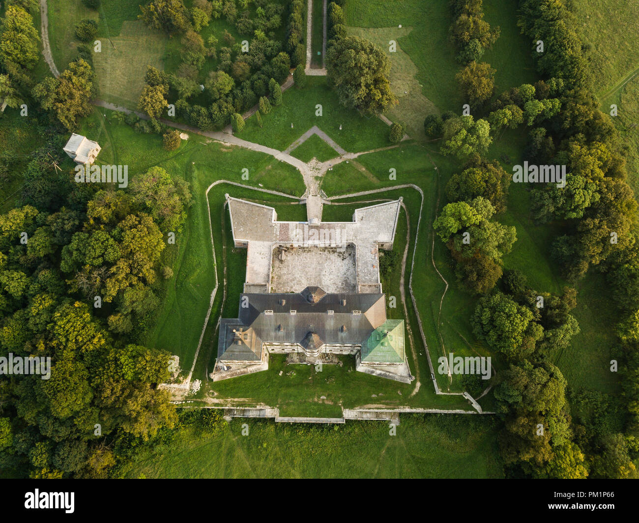 Aerial top view to famous ukranian sightseeing - Old palace castle in ...