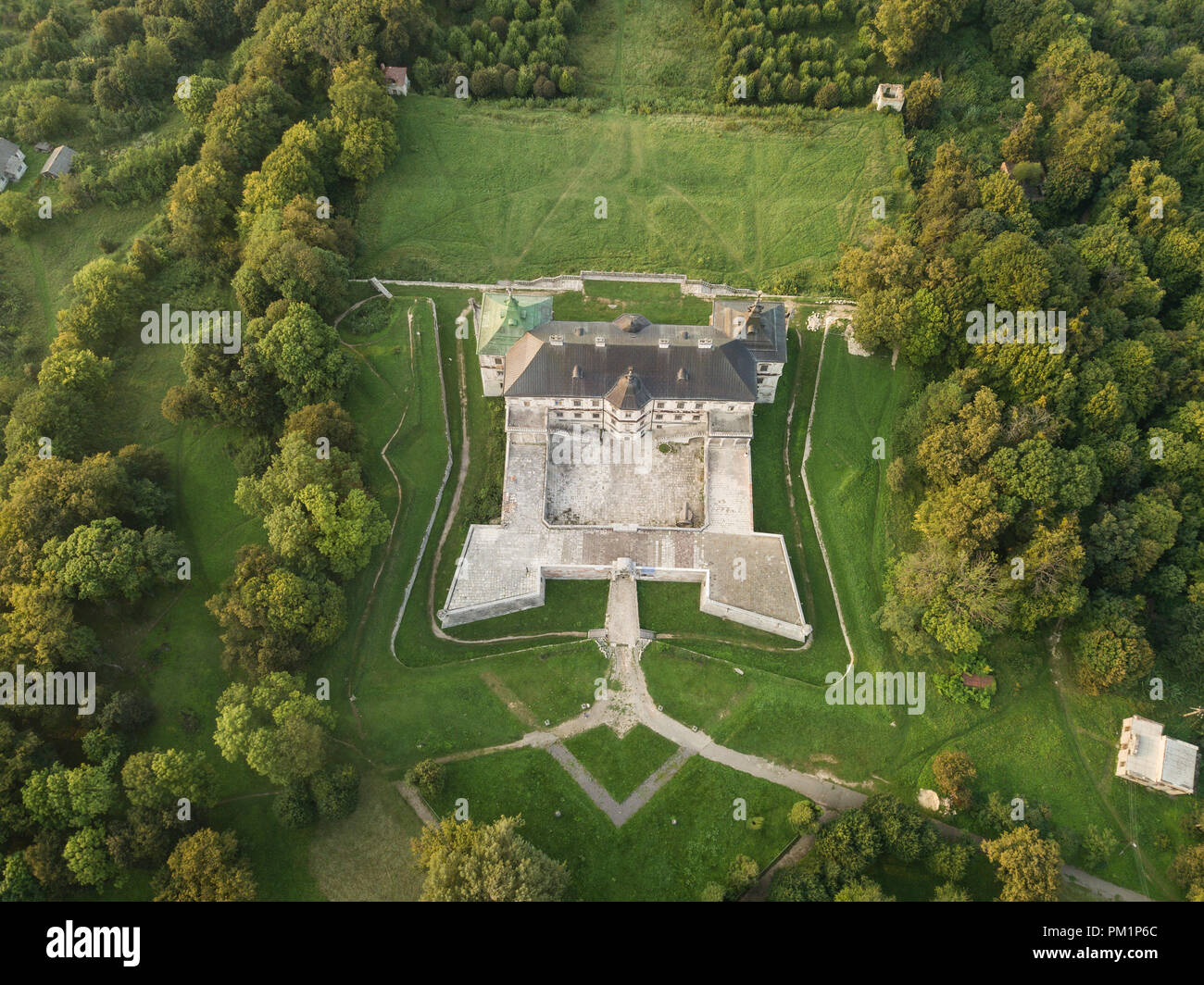 Aerial top view to famous ukranian sightseeing - Old palace castle in ...
