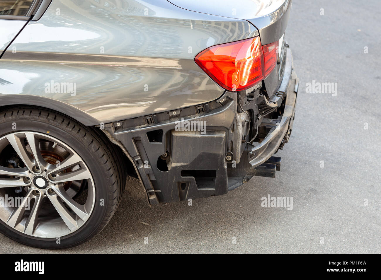 Tail of modern car with removed rear bumper. Vehicle after traffic ...