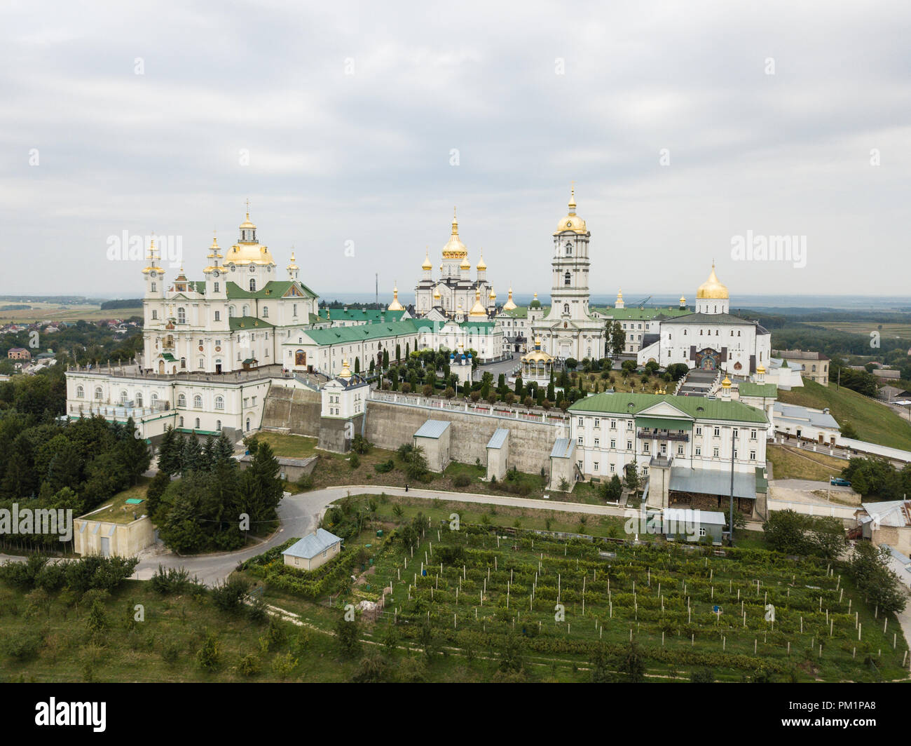 Aerial view to largest Orthodox church complex and monastery - The Dormition Pochayiv Lavra was ...