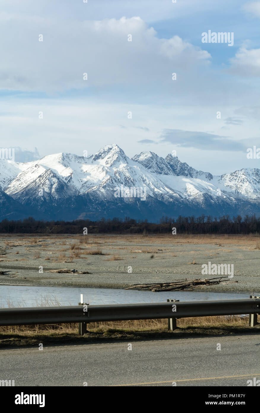 As seen from a bridge crossing the Matanuska River, Twin and Goats ...