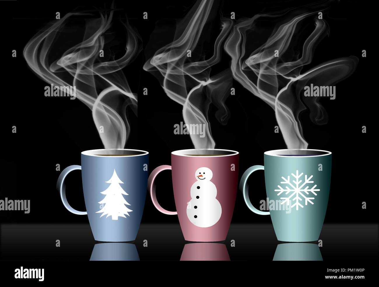 Hot holiday drinks is illustrated with a steaming mug on a snowy dark ...