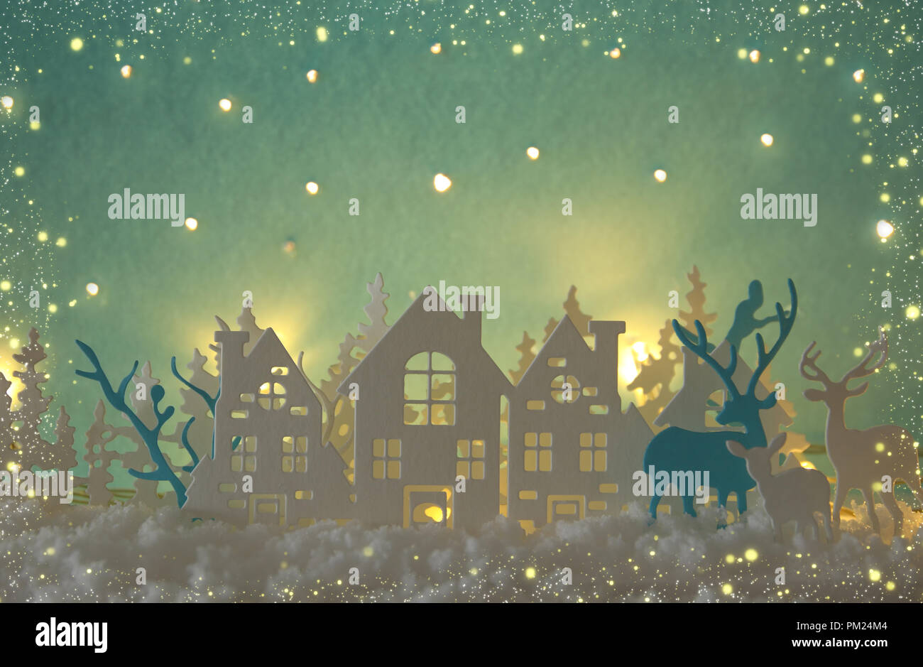 Magical Christmas paper cut winter background landscape with houses ...