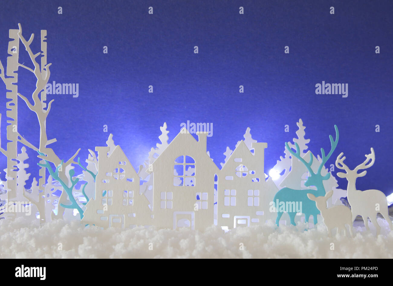 Magical Christmas paper cut winter background landscape with houses ...