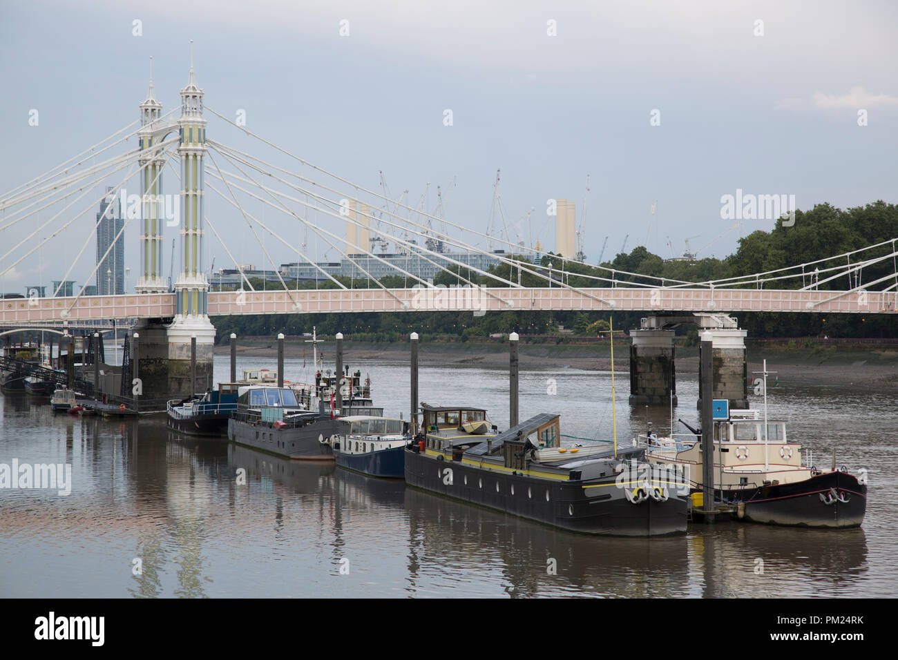 Albert Bridge with Barges; Chelsea; London; England; UK Stock Photo - Alamy