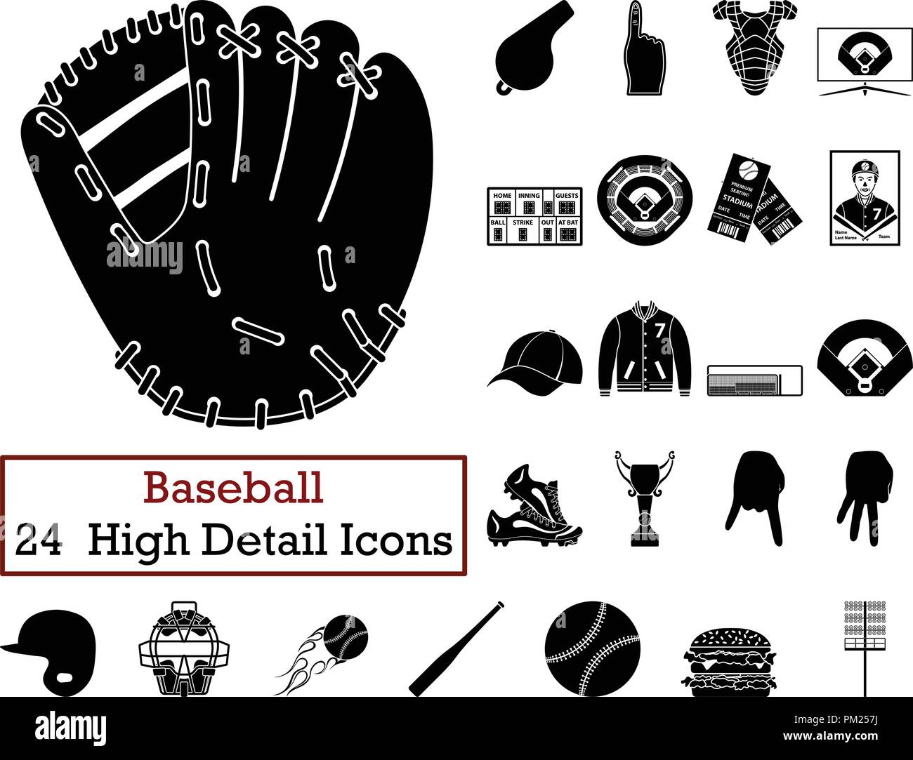 Set of 24 Baseball Icons. Monochrome color design. Vector illustration ...