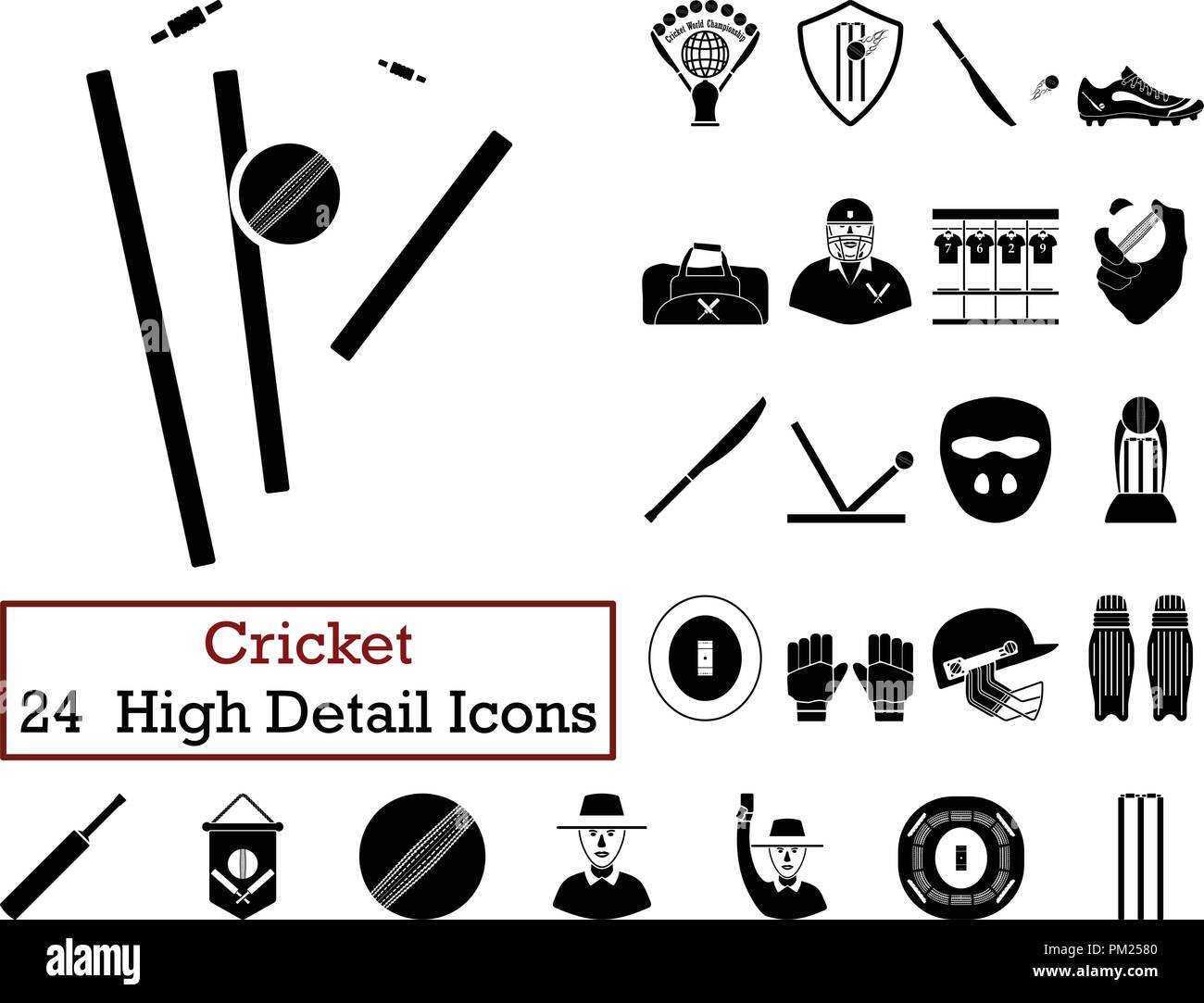Set of 24 Cricket Icons. Monochrome color design. Vector illustration ...