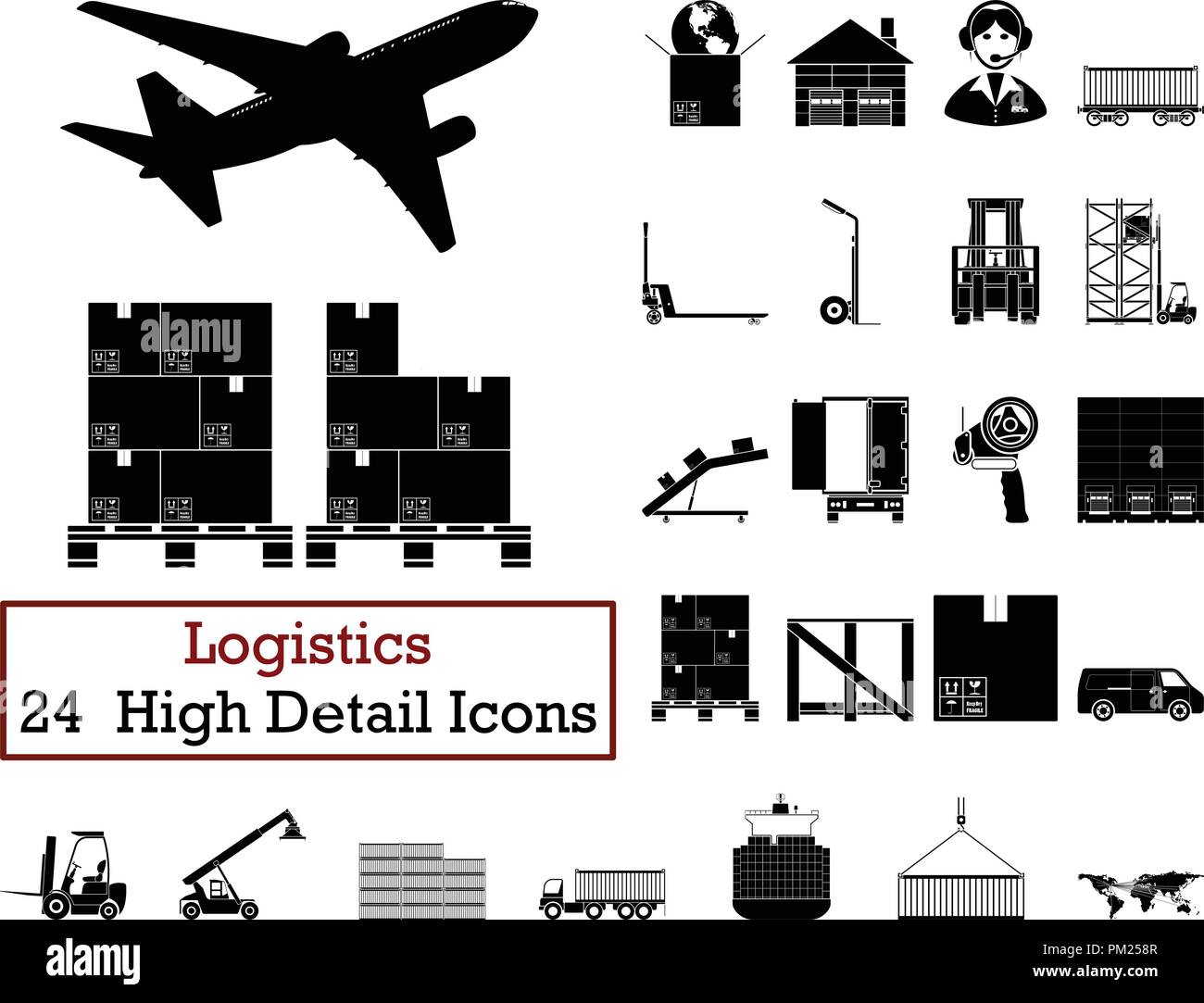 Set of 24 Logistics Icons. Monochrome color design. Vector illustration ...