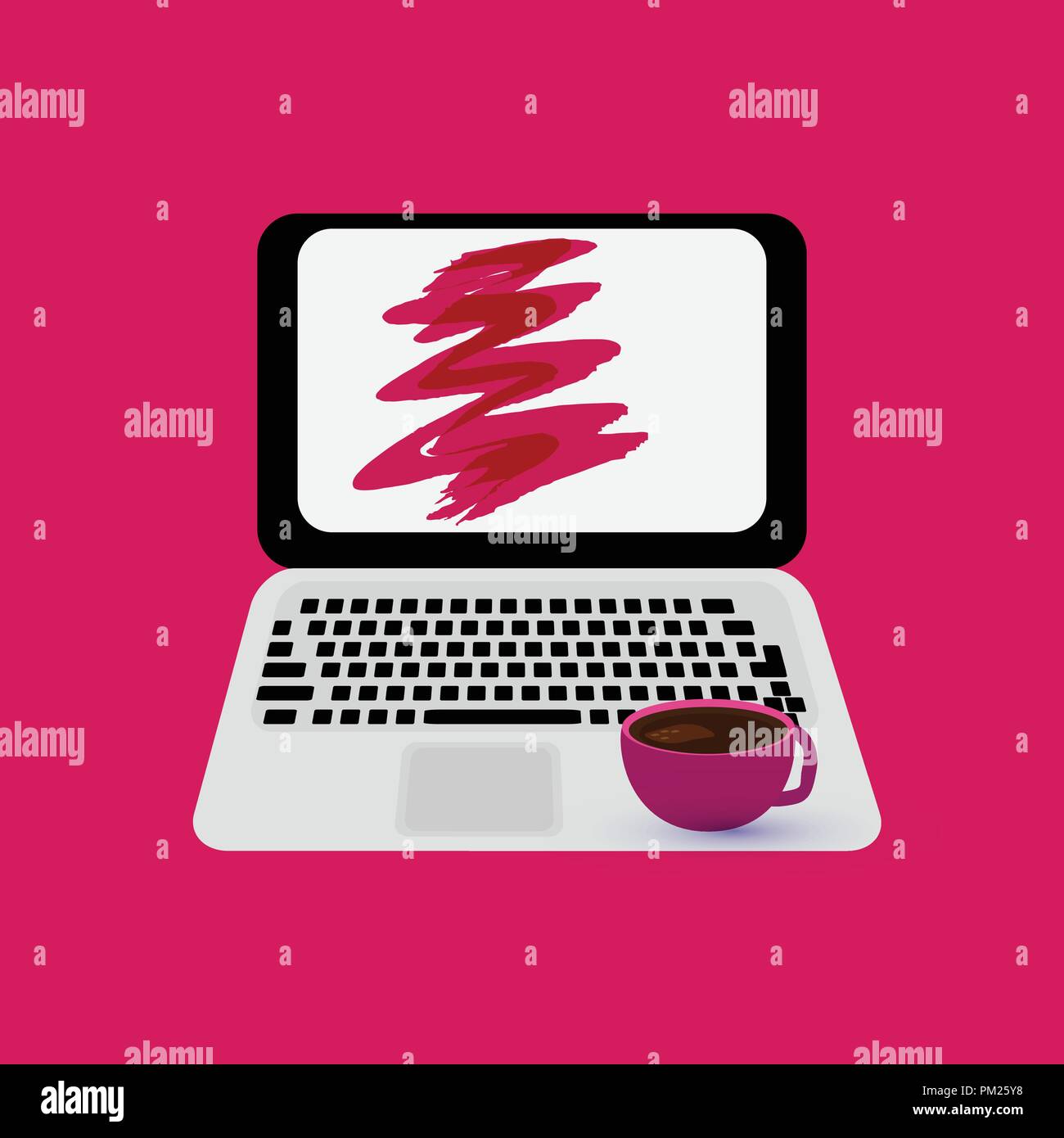 Vector illustration. Open laptop and coffee on a colored background ...