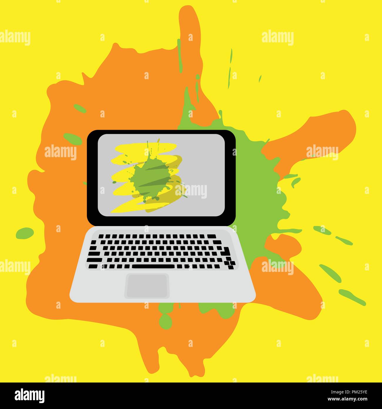 Vector illustration. Open laptop with spots on the screen on a colored ...