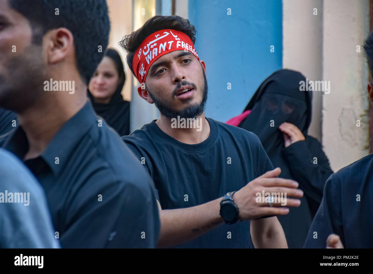 Srinagar, Kashmir. September 17, 2018Kashmiri Shia muslim boy beats his ...