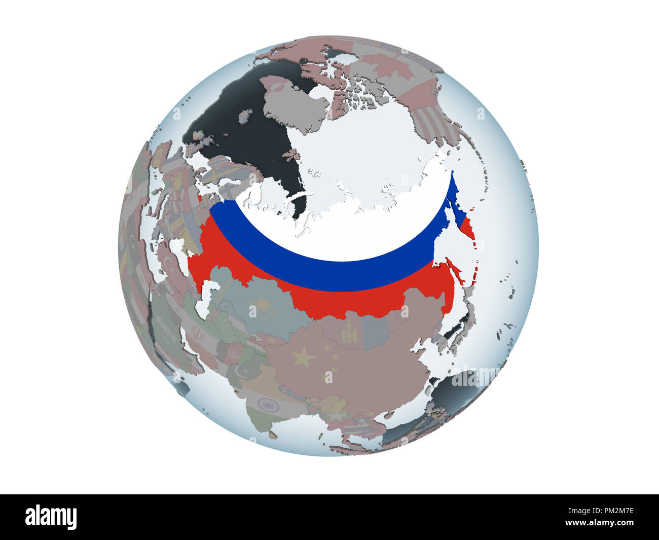 Russia on political globe with embedded flag. 3D illustration isolated ...