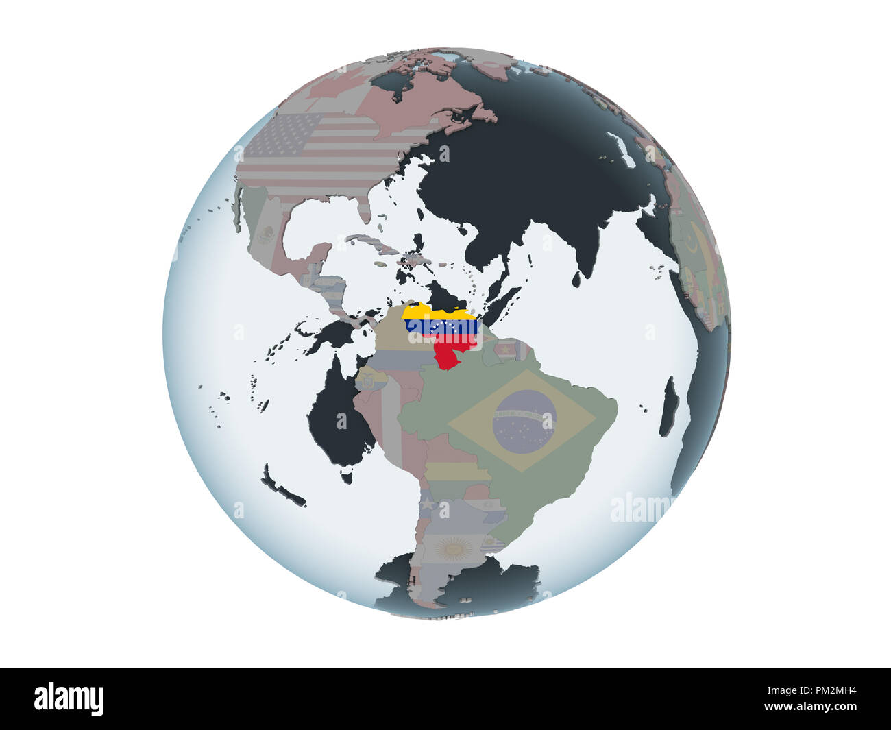 Venezuela on political globe with embedded flag. 3D illustration ...