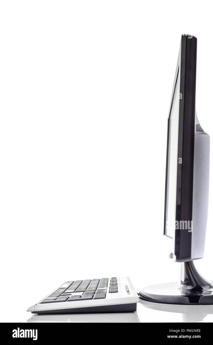 Keyboard and computer screen on a white table with reflection Stock ...