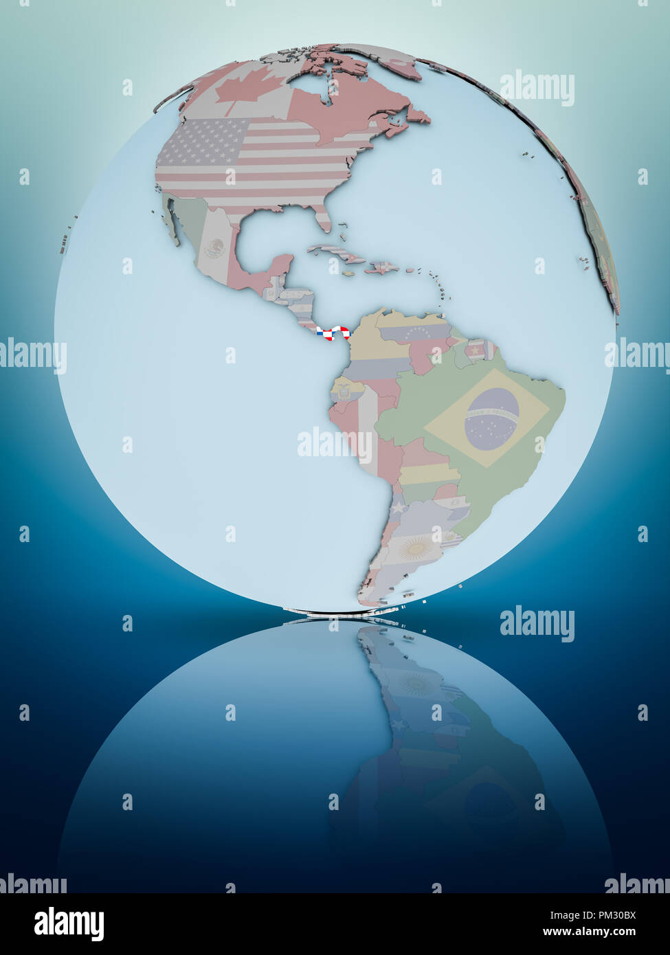 Panama with national flag on globe reflecting on shiny surface. 3D ...