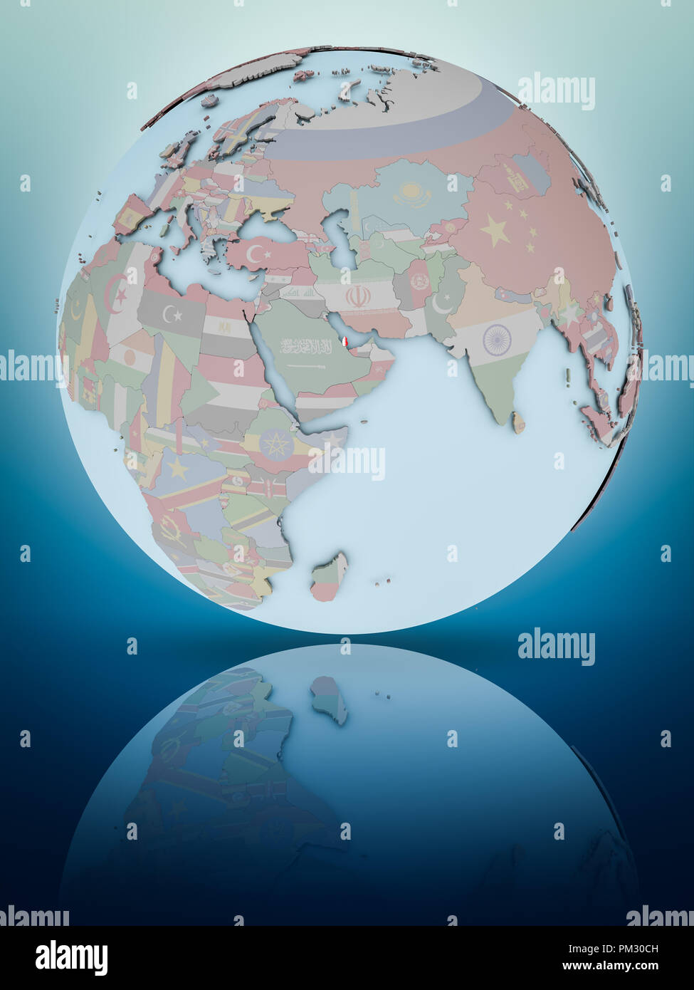 Qatar with national flag on globe reflecting on shiny surface. 3D ...