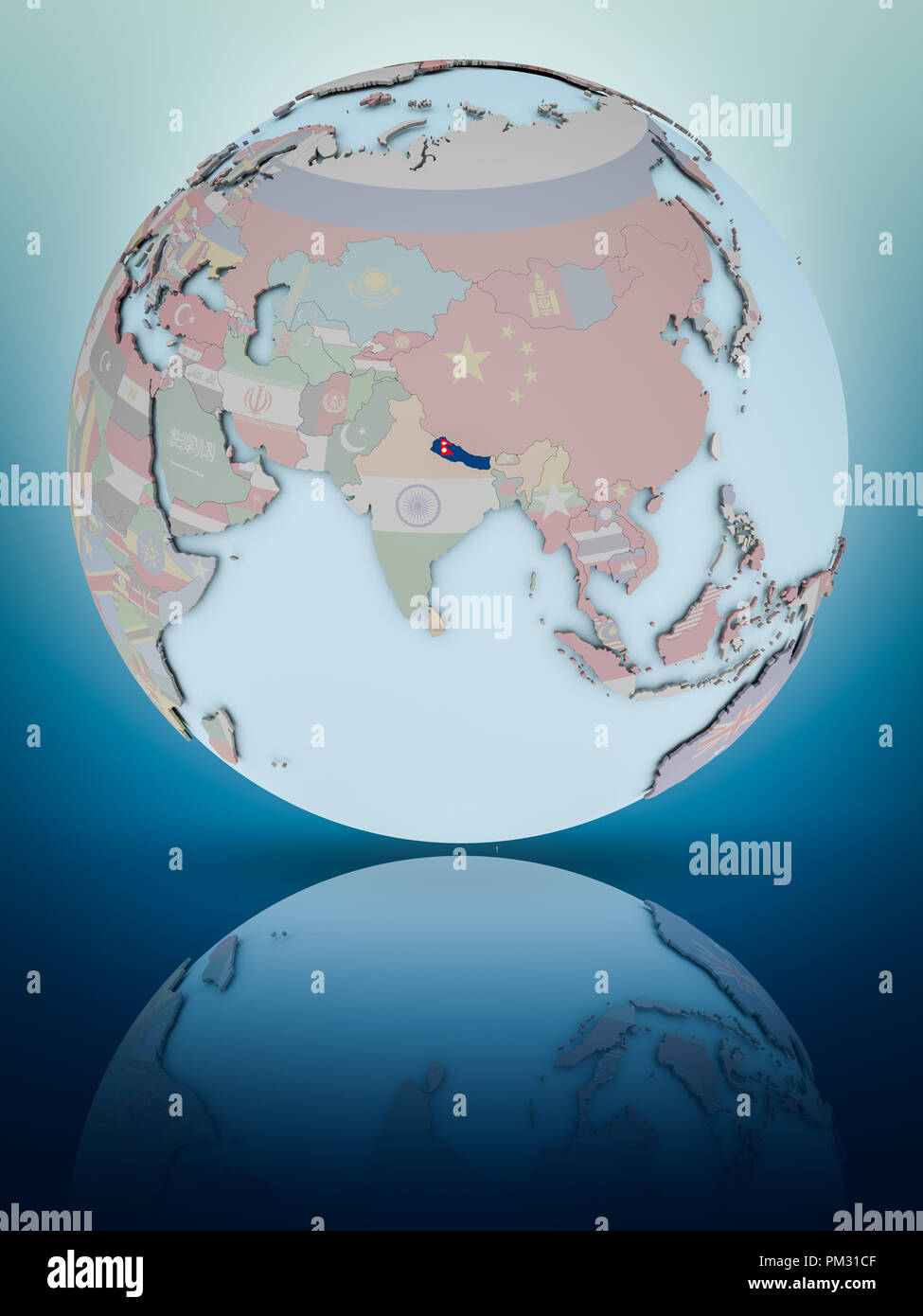 Nepal with national flag on globe reflecting on shiny surface. 3D ...