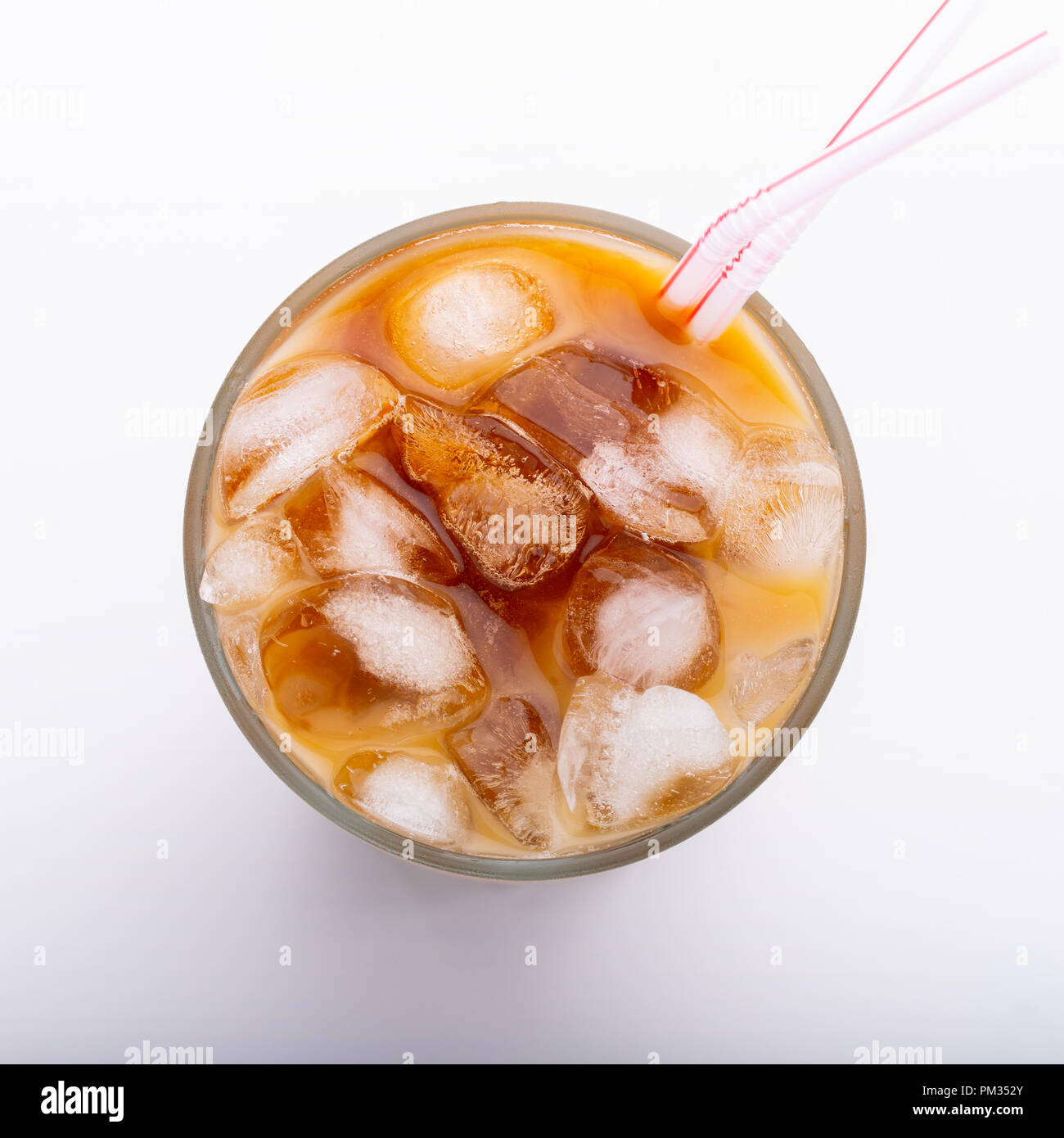 Ice latte top view close up on white background and clipping paths ...