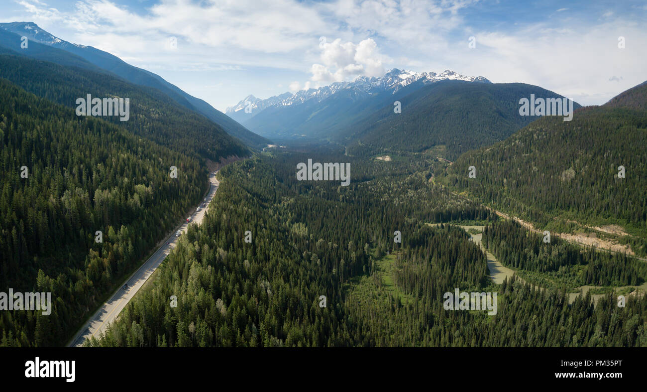 Aerial view of Trans-Canada Highway in the Canadian Mountain Landscape ...