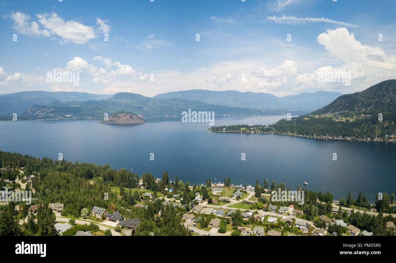 Aerial panoramic view of a little town, Blind Bay, during a vibrant ...