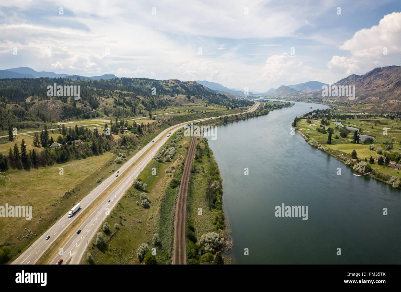 Aerial view of Trans-Canada Highway near Thompson River during a ...