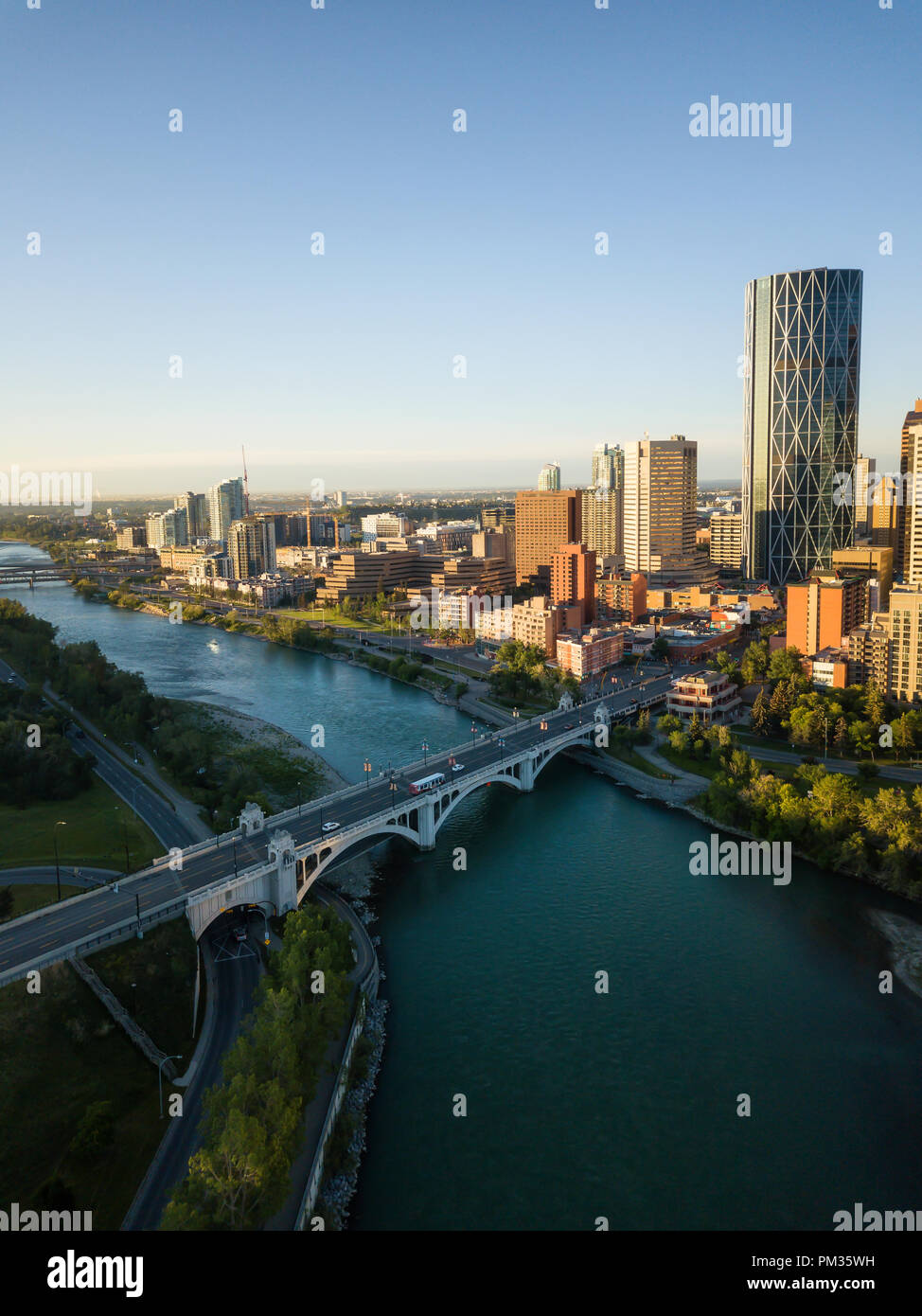 Aerial view of a beautiful modern cityscape during a vibrant sunny ...