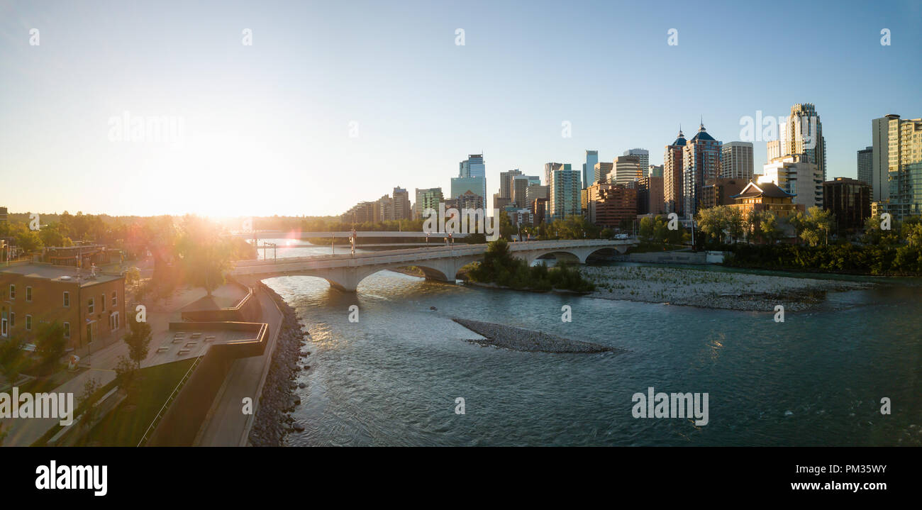 Aerial panoramic view of a beautiful modern cityscape during a vibrant ...