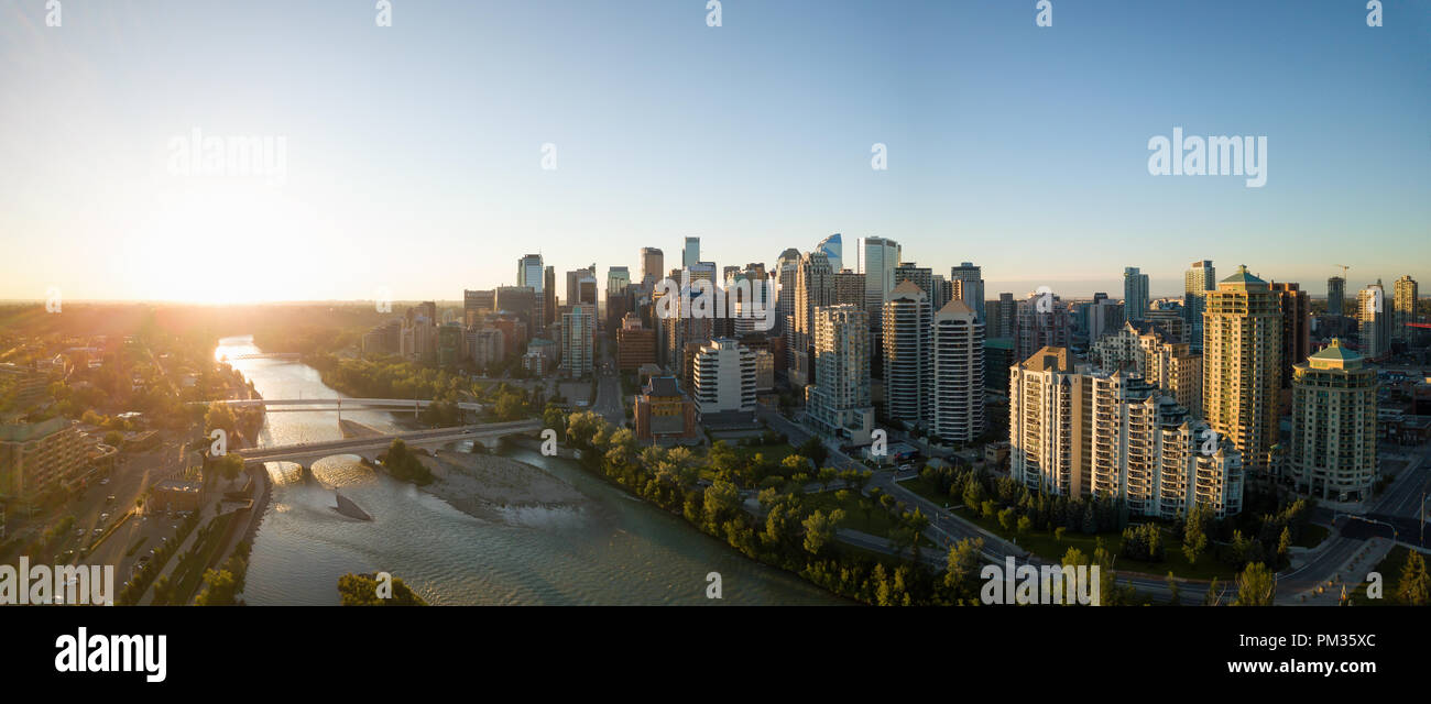 Aerial panoramic view of a beautiful modern cityscape during a vibrant ...