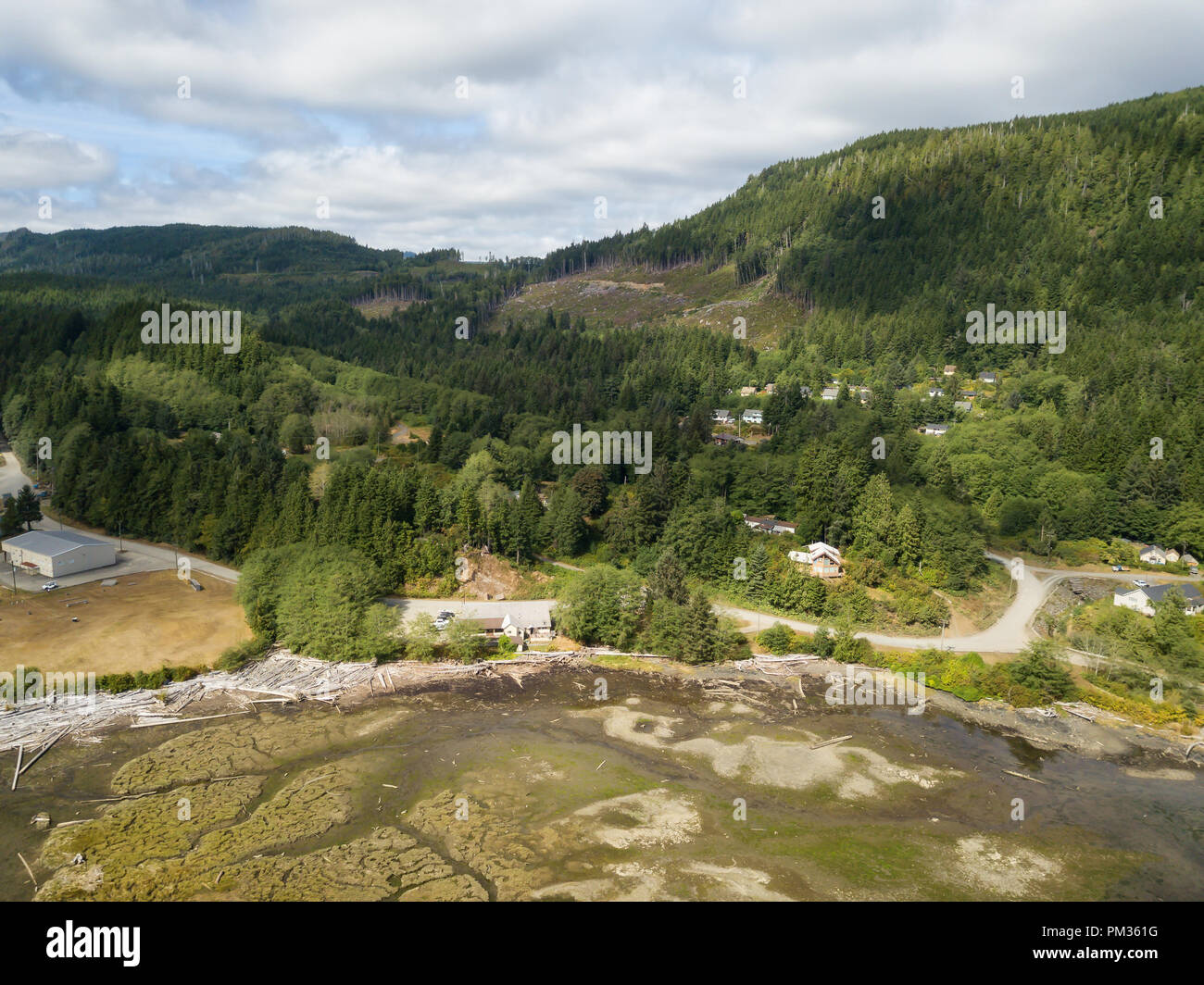 Aerial view of a small town, Holberg, during a sunny summer day ...