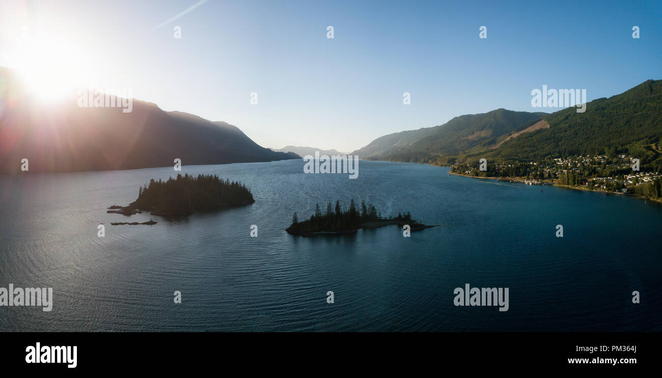 Aerial panoramic view of a small town, Port Alice, during a sunny ...