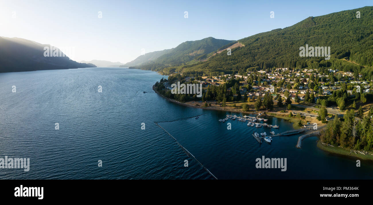 Aerial panoramic view of a small town, Port Alice, during a sunny ...