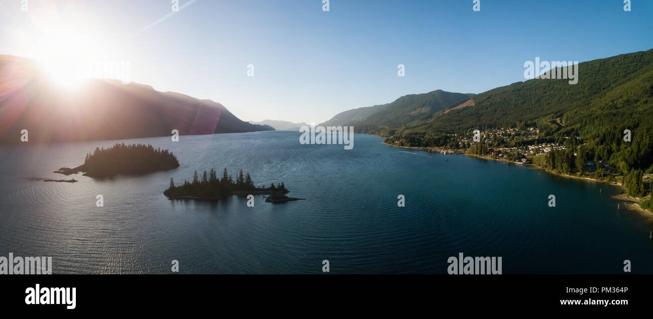 Aerial panoramic view of a small town, Port Alice, during a sunny ...