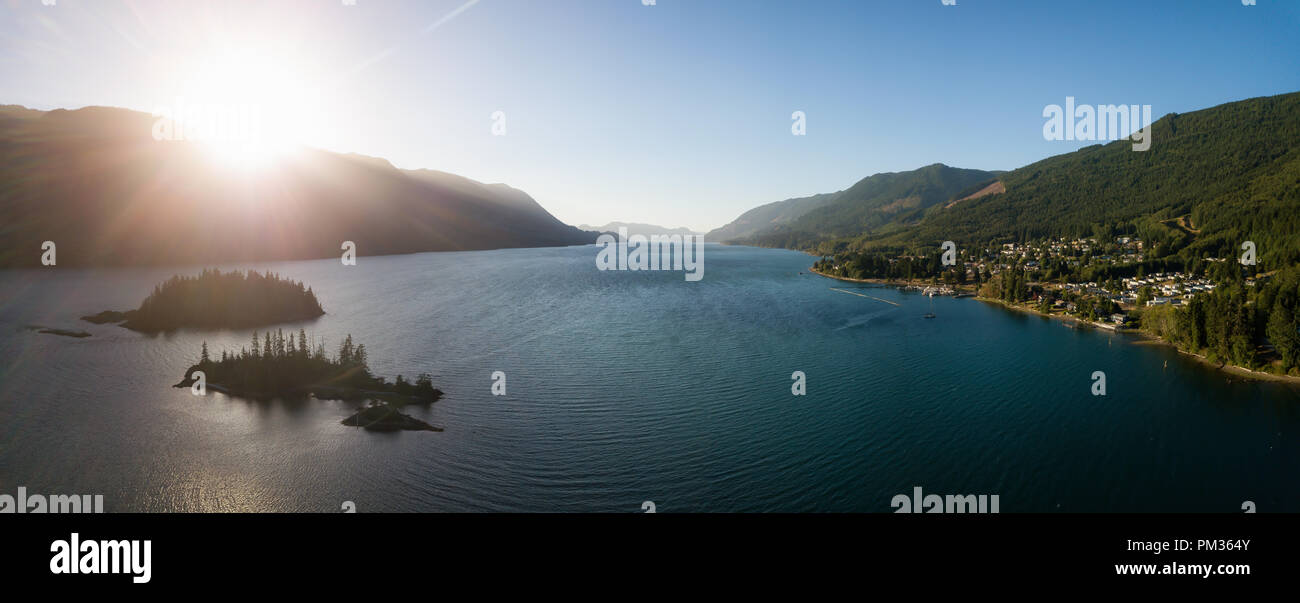 Aerial panoramic view of a small town, Port Alice, during a sunny ...