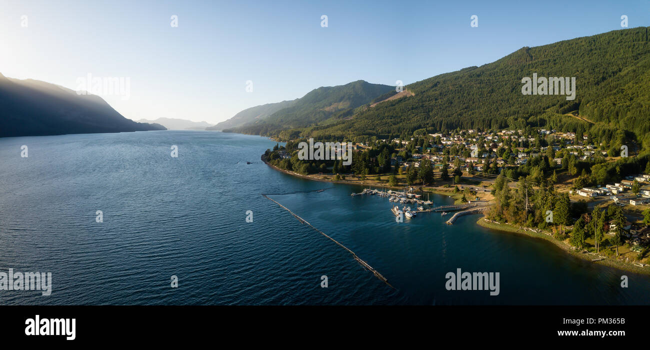 Aerial panoramic view of a small town, Port Alice, during a sunny ...