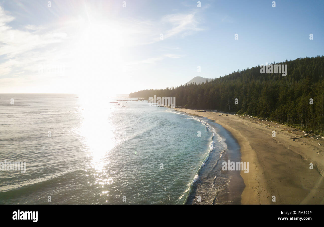 Aerial view of a beautiful beach on Pacific Ocean Coast druing a ...
