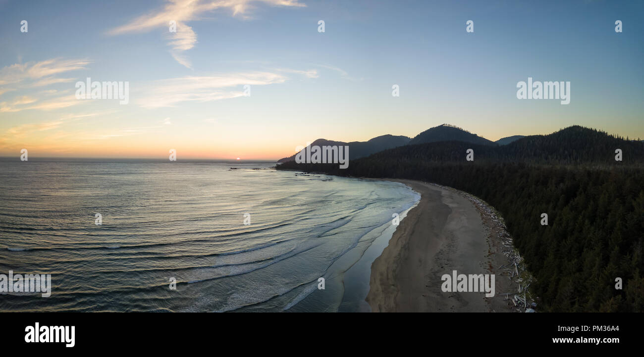 Aerial panoramic view of a beautiful beach on Pacific Ocean Coast ...