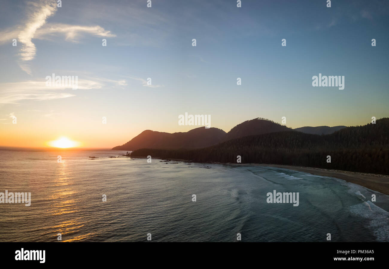 Aerial panoramic view of a beautiful beach on Pacific Ocean Coast ...
