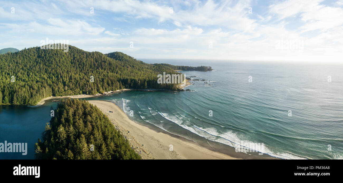 Aerial panoramic view of a beautiful beach on Pacific Ocean Coast ...