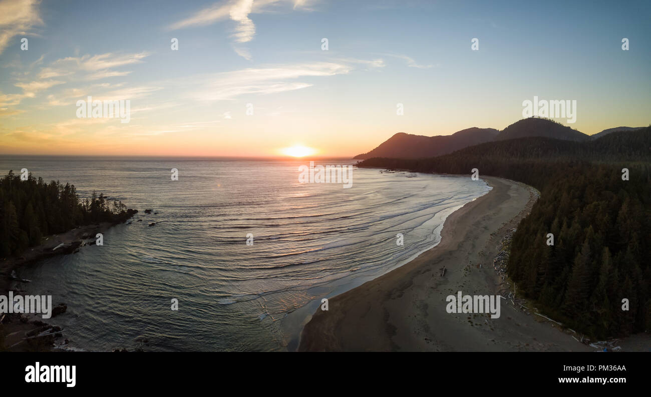 Aerial panoramic view of a beautiful beach on Pacific Ocean Coast ...