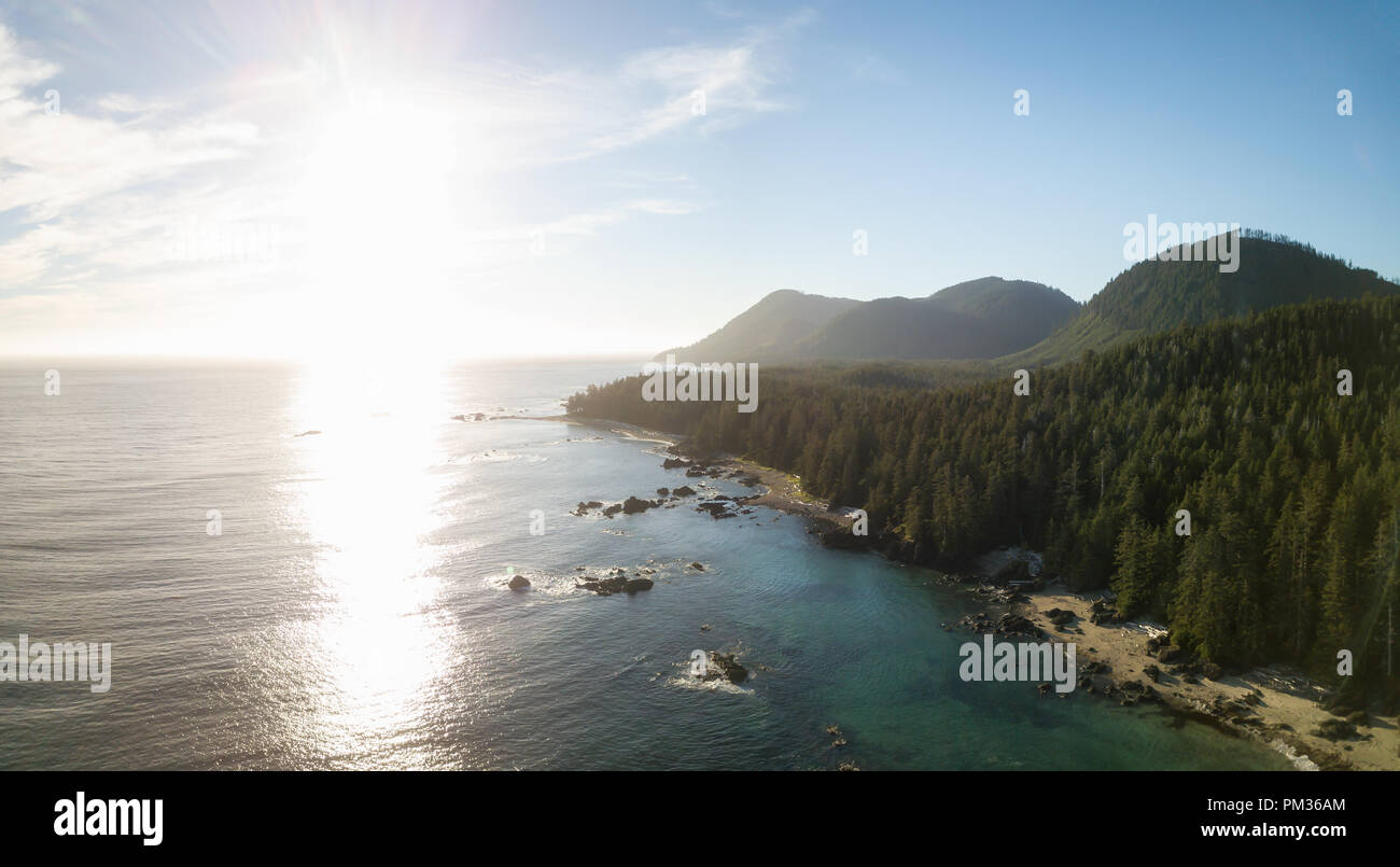 Aerial view of a beautiful beach on Pacific Ocean Coast druing a ...